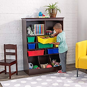 KidKraft Wooden Wall Storage Unit with 8 Plastic Bins and 13 Compartments, Espresso, Gift for Ages 3+