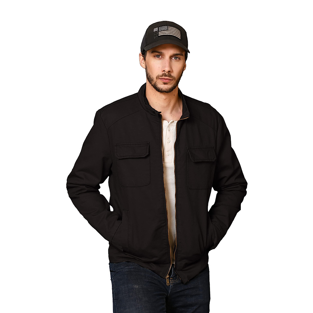 WenVen Men's Casual Lightweight Safari Jacket Cotton Windbreaker (Black, L)