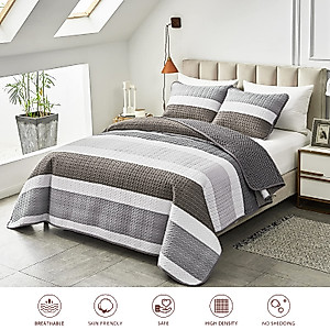 Joyreap 3 Pieces Quilt Set Full/Queen, Light Gray n Brown Stripes Design, Smooth Soft Microfiber Quilt, Bedspread Bed Cover for All Season, 1 Quilt and 2 Pillow Shams- 90x90 inches