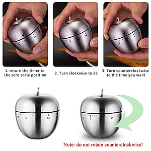 Wailicop Apple Kitchen Timer Stainless Steel Mechanical Rotating 60 Minute Alarm Timer Count Down Timer for Learning, Cooking, Cosmetic Applications, Baking, Exercise