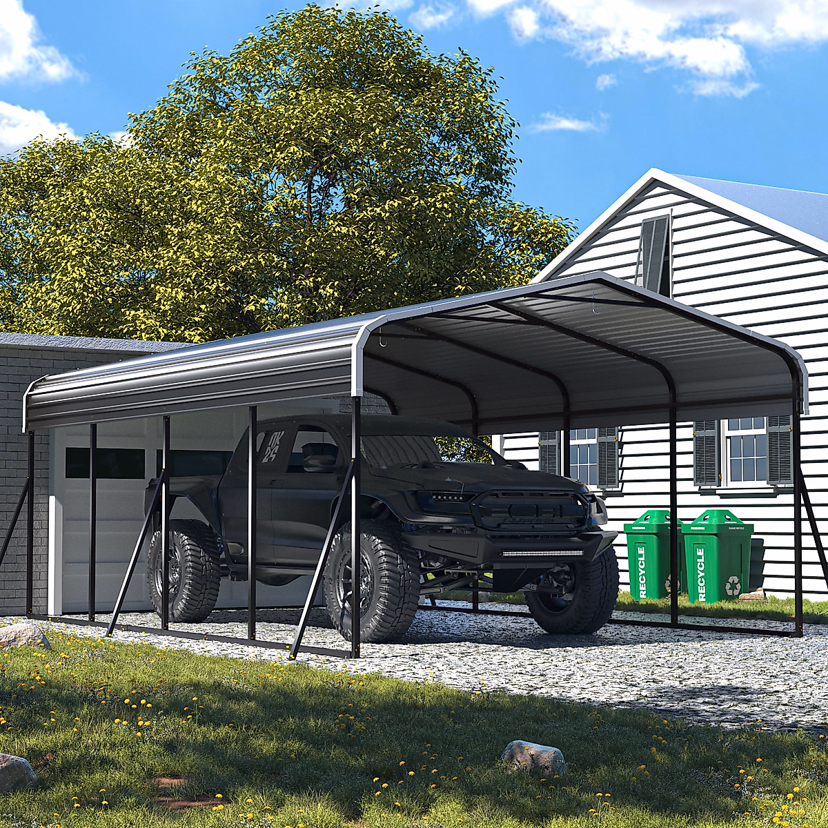 HOGYME Carport 12x20 FT Heavy Duty Carport Canopy with Updated Frame Structure Galvanized Steel Roof and Enhanced Base, Metal Carport Garage for Pickup, Boat, Car and Tractors, Grey, Gray, HG1348