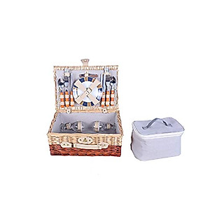 LA Chama Deluxe 4 Person Willow Picnic Basket, 4 Persons Sets, Mobile Ice Pack, Deluxe Plates, Khaki Brown