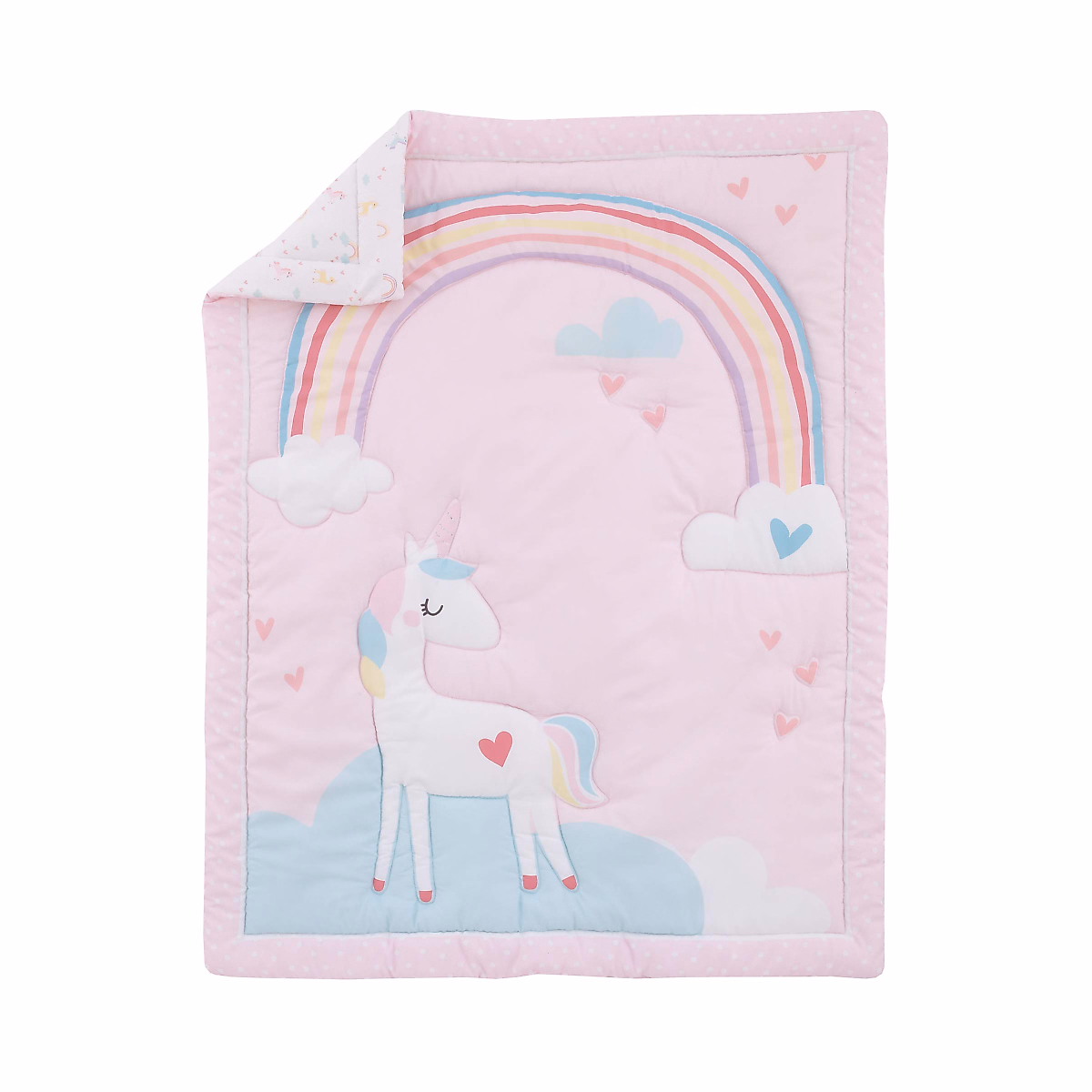 Little Love by NoJo Rainbow Unicorn Pink, Aqua, Yellow and White 3 Piece Mini Crib Bedding Set - Comforter and 2 Fitted Mini Crib Sheets