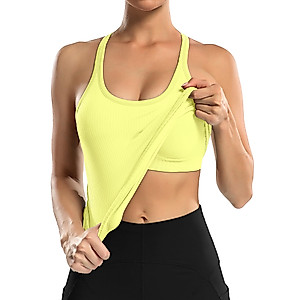 ATTRACO Womens Racerback Tank Top Tight Fit Ribbed Workout Sports Bra Tops Light Yellow