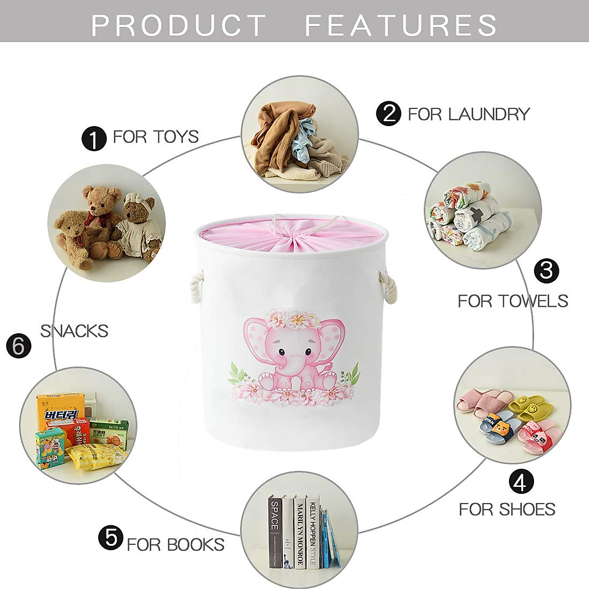 INough Baby Basket Pink Hamper Large Kids Hamper Baby Laundry Hamper for Nursery Girl, Girls Laundry Basket for Kids, Baby Dirty Clothes Basket Collapsible Kids Clothes Hamper for Laundry Kidsroom