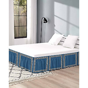 Chinese Bed Skirt Cal King Size 18 Inch Drop,Adjustable & Elastic Wrap Around Bed Skirts Pleated Luxury Dust Ruffles for Twin Full Queen Cal King Base Bed,Traditional Blue Black Geometric Tile Pattern