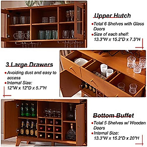 OKD Bar Cabinet, Mid Century Modern Kitchen Hutch Storage Cabinet with Wine and Glass Rack, Storage Shelves, and Drawers, Buffet Sideboard Cabinet for Home Kitchen, Dining Room, Cherry