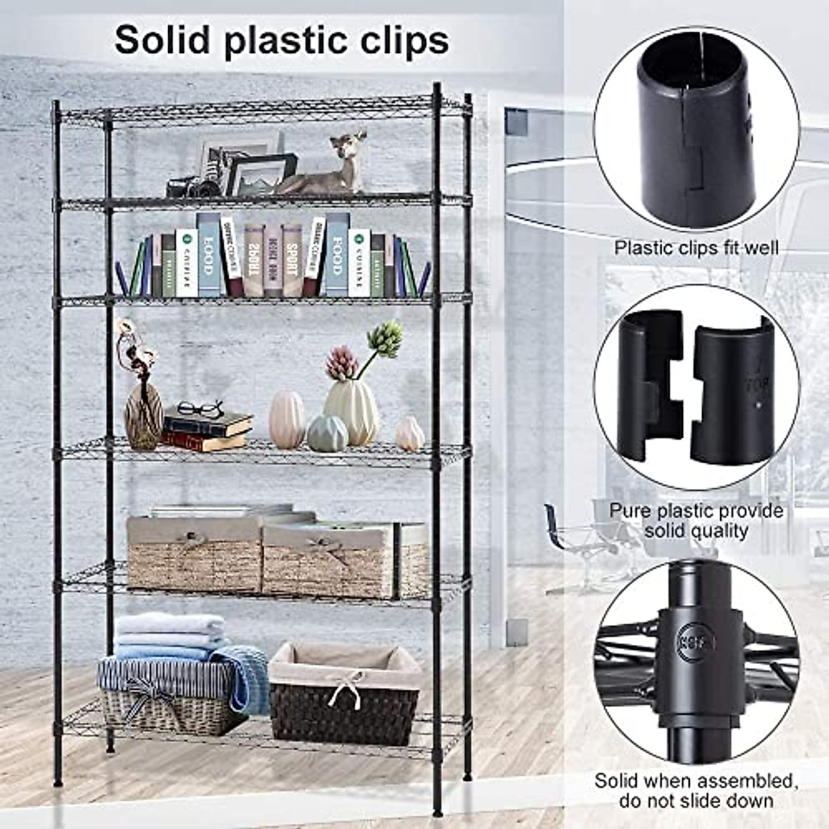 NSF 6 Tier Wire Shelving Unit Wire Shelves, Heavy Duty Height Adjustable Storage Wire Shelf Shelving Rack with Feet Leveler Garage Rack Kitchen Rack Office Rack Commercial Shelving Black 42x16x72