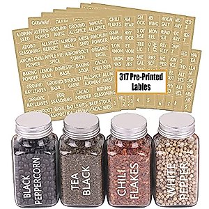 SWOMMOLY 30 Glass Spice Jars 6 oz Empty Square Spice Bottles with 703 Spice Labels, Chalk Marker and Funnel Complete Set. 30 Spice Containers with Airtight Cap, Pour/sift Shaker Lid