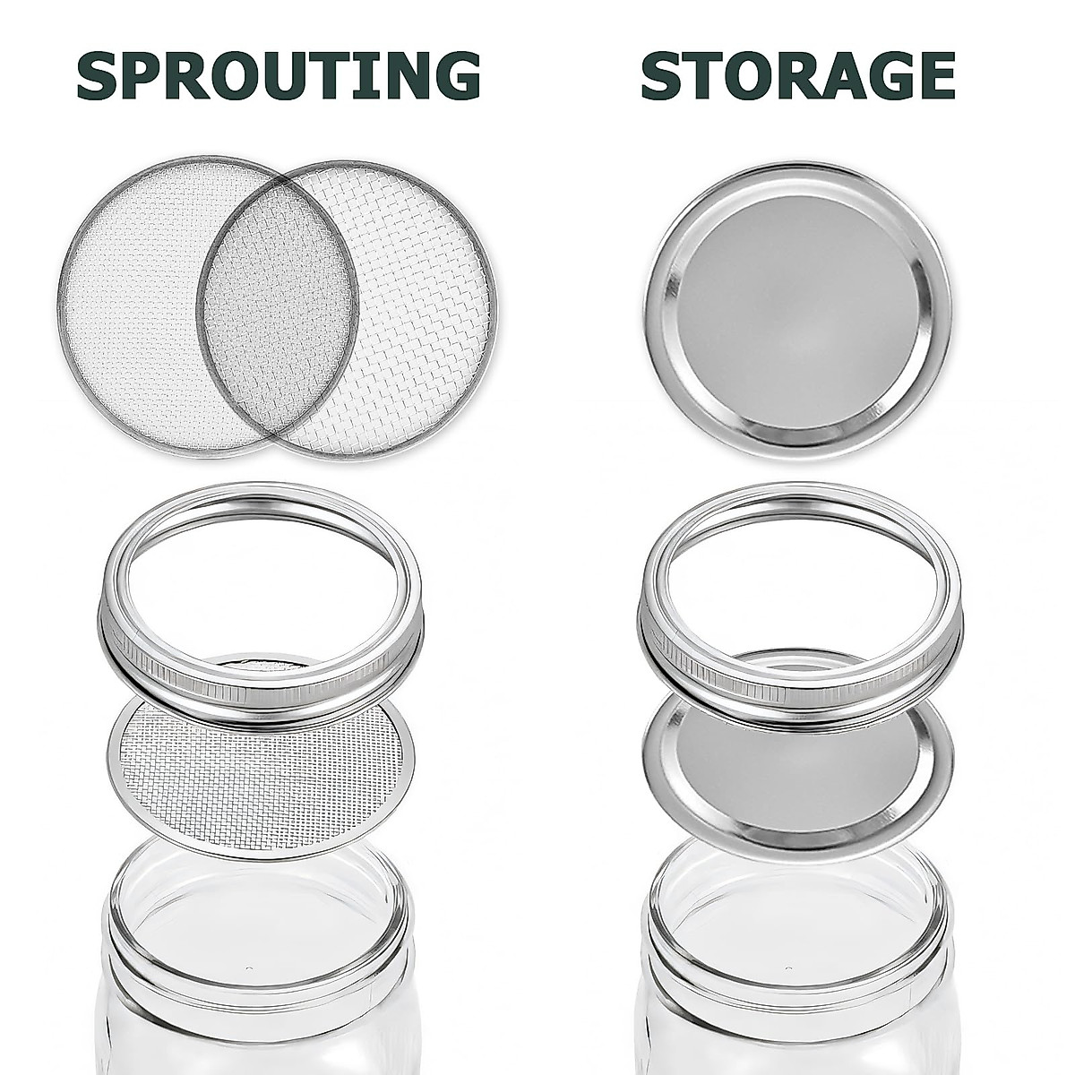 6 Pack Seed Sprouting Jar Lids: for 3.4"(86mm) Regular Mouth Mason Jars Fresh Sprouts at Home | Strainer Screen for Canning Jars | 304 Stainless Steel Lid for Growing Broccoli, Alfalfa, Beans & More