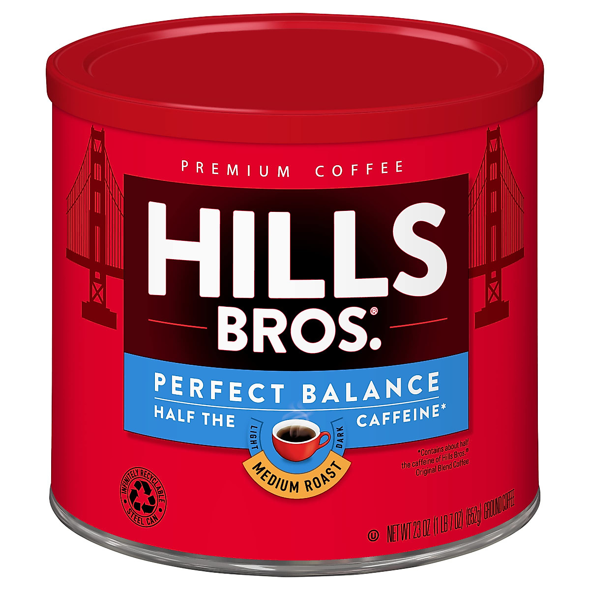 Hills Bros Perfect Balance Ground Coffee, Medium Roast,Full-Bodied Classic Rich Taste, Half the Caffeine, 23 Oz