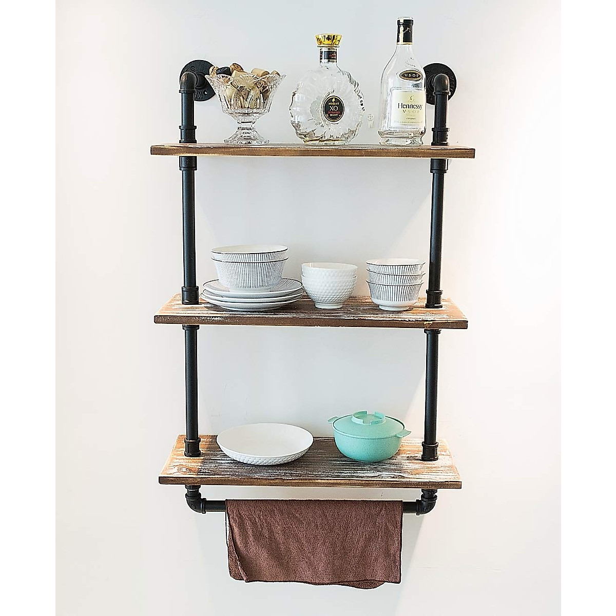 DOFURNILIM Industrial Retro Wall Mounted Iron Water Pipe Shelf - Hung Bracket - DIY Storage Shelving Bookshelf - Wood Shelf (Floating shelves-24“W)