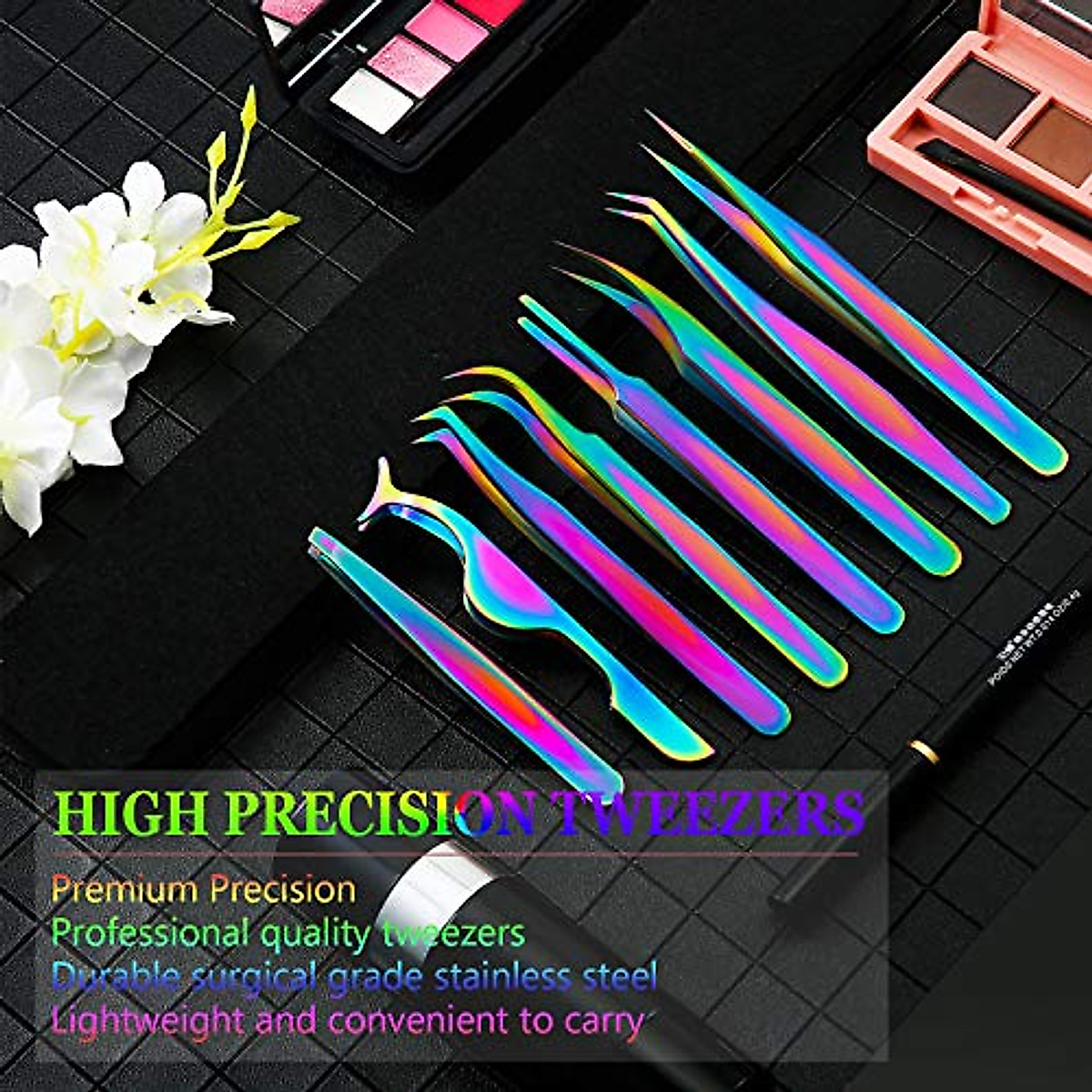 8 Pieces Eyelash Extension Tweezers Set Straight and Curved Tip False Lash Tweezers Eyelash Applicator Tool Stainless Steel Precision Tweezers for Eyelash Extension with Velvet Bag (Rainbow Color)