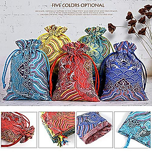 10pcs Silk Brocade Jewelry Pouch Bag 4x5.5" for Wedding Party Favors, Drawstring Coin Purse Embroidered Sachet Candy Chocolate Bag for Christmas New Year Birthday Party (Thick)