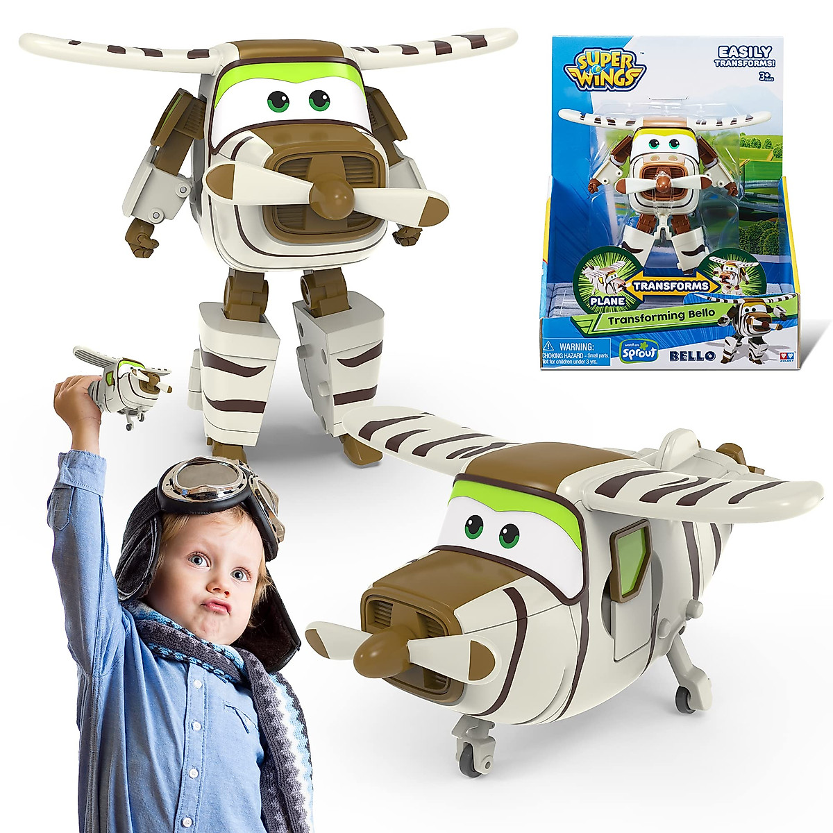 Super Wings 5" Transforming Bello Airplane Toys, Safe and Durable Vehicle Action Figure, Superwings Transforming Plane to Robot, Fun Preschool Toy Planes, Gifts Toys for Kids Aged 3 and Up, Stripes White