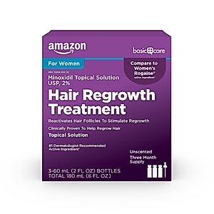 Amazon Basic Care Minoxidil Topical Solution USP, 2% Hair Regrowth Treatment for Women, 3-Month Supply, Unscented, 2 fl oz (Pack of 3)