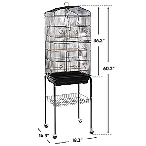 59.3 Inches Medium Bird Cage Rolling Stand Wrought Iron Construction Lovebird House Pet Supplies with Storage Shelf for Parrot Cockatiel Cockatoo Parakeet Macaw Finches