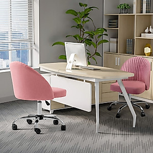 JUMMICO Home Office Desk Chair Vanity Chair Twill Upholstered Adjustable Mid-Back Armless Swivel Task Chair Modern Fabric Office Chairs with Wheels for Bedroom, Living Room, Make-up (Pink)