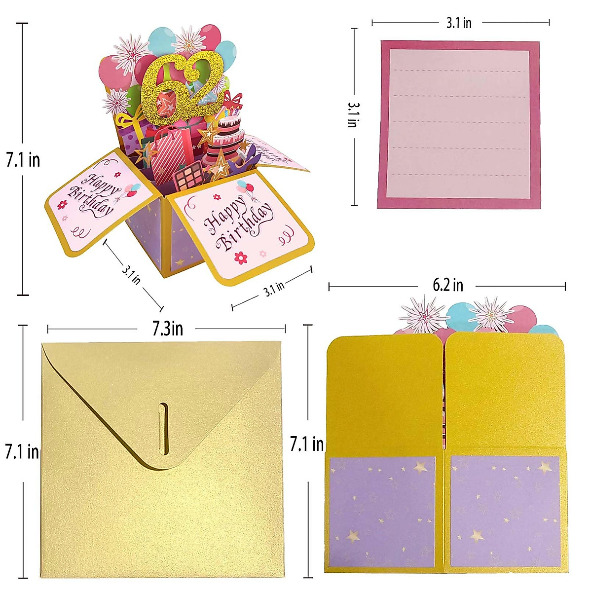 Asmallgf Happy 62nd Birthday 3D Greeting Card for Mom Dad, Funny 62 Years Old Bday Gifts for Women Men, Sweet 62 Birthday Pop Up Card for Him Her, Unique 62nd Birthday Gift Idea for Friends