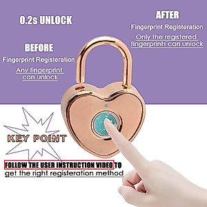 Tcyoatoa Heart Shaped Fingerprint Padlock, Small Smart Padlock for Gym Locker, Backpag, School, Mailbox, Travel Suitcase (Rose Gold)