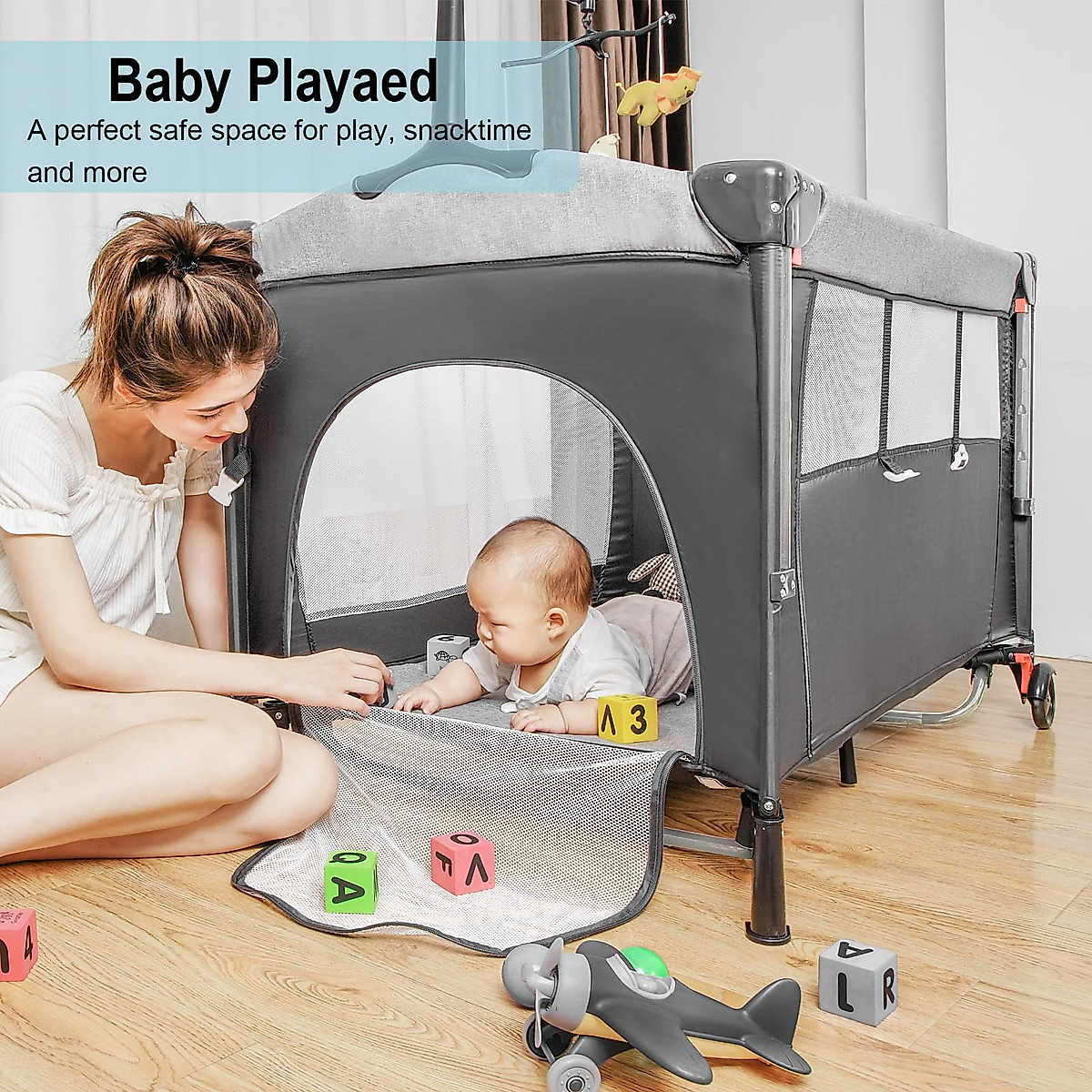 Afgbf Baby Bassinet Bedside Crib with Diaper Changer, 5 in 1 Pack and Play, Playpen Travel Bed with Storage, Baby Playard with 4 Adjustable Height, Carry Bag, Easy to Install, Grey