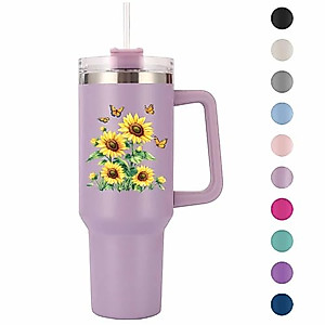 LB LEOBON 40 ounce insulated cup with handle, double-layer vacuum stainless steel material, equipped with straw, can keep warm or maintain cold drinks Spring Sunflower Butterfly Fragrant taro purple