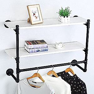 HAOVON Industrial Pipe Clothing Rack Wall Mounted Wood Shelf,Pipe Shelving Floating Shelves,Retail Garment Rack Display Rack Clothes Racks(2 Tier,36in)