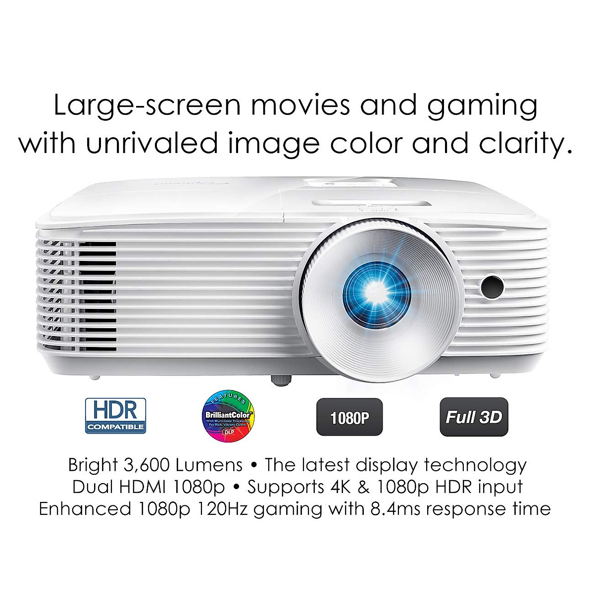 Optoma HD28HDR 1080p Home Theater Projector for Gaming and Movies | Support for 4K Input | HDR Compatible | 120Hz refresh rate | Enhanced Gaming Mode, 8.4ms Response Time | High-Bright 3600 lumens