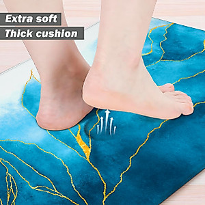 chiinvent Blue Kitchen Rugs Gold Stripes Modern Ink Art Decor Kitchen Floor Mat Cushioned Memory Foam Padded PVC Leather Heavy Duty Comfort Standing Runner Rugs, 17.3x28+17.3x47 inch