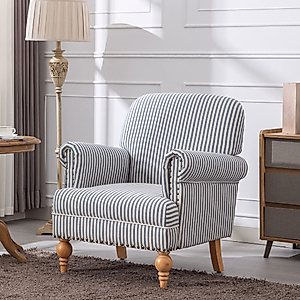 DM Furniture Mid Century Modern Accent Chair Linen Fabric Armchair Wide Reading Chairs Upholstered Lounge Chair for Bedroom/Living Room/Reception Room, Blue Stripe