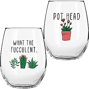 Succulent Plant Cactus Gifts for Women- Set of 2 Funny Wine Glasses 15oz - Plant Lover Gift Mug - What the Fucculent- Pot Head Crazy - Plant Lady Wine Glass Tumbler - Custom Stemless Wine Glasses