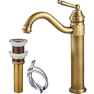 Antique Brass Single Handle Bathroom Sink Faucet Brushed Brass Long Reach Bathroom Faucet Mixer Tap Brushed Brass Pop Up Drain Without Overflow Included Hot and Cold Water