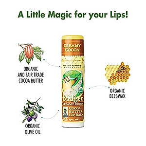 Badger - Cocoa Butter Lip Balm, Creamy Cocoa, Certified Organic Lip Balm, Fair Trade, Natural Lip Balm, Lip Butter, Lip Balm Cocoa Butter, Cocoa Care Lip Balm, 0.25 oz