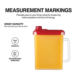 LocknLock Aqua Fridge Door Water Jug with Handle BPA Free Plastic Pitcher with Screw Top Lid Perfect for Making Teas and Juices, 1 Gallon, Red