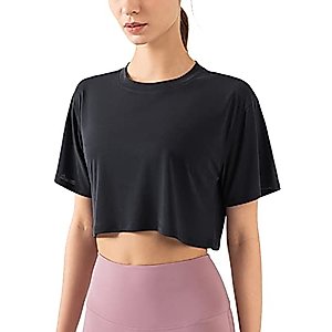 Women's Fitness Workout Crop Tops Short Sleeve Yoga T-Shirts Athletic Running Sports Shirts Black XL