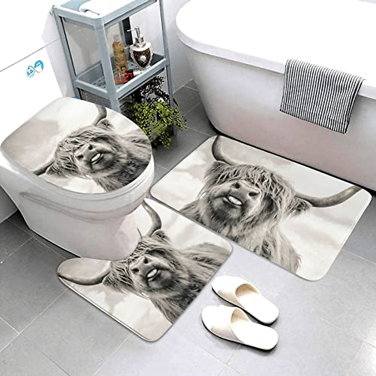 Billichase Highland Cow Bathroom Rugs and Mats Set 3 Pieces Non Slip Absorbent U-Shaped Contour Toilet Mats, Bath Mat and Toilet Lid Cover for Tub Shower and Bath Room