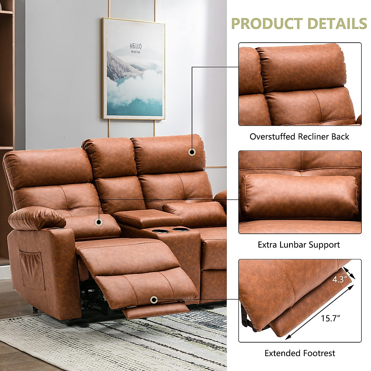 Consofa Power Reclining Loveseat, Reclining Loveseat with Console, Loveseat Recliner with Heat and Massage, Extending Footrest, Power Recliner Loveseat with Lumbar Support, Side Pocket for Living Room