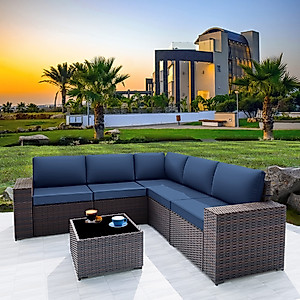 Piltwoff 6 Pieces Outdoor Furniture Patio Set,Modern All-Weather Wicker Patio Conversation Sets with 5 Black&Brown Chairs and Coffee Table, Cushion sets for Garden/Backyard/Balcony(Navy Blue)