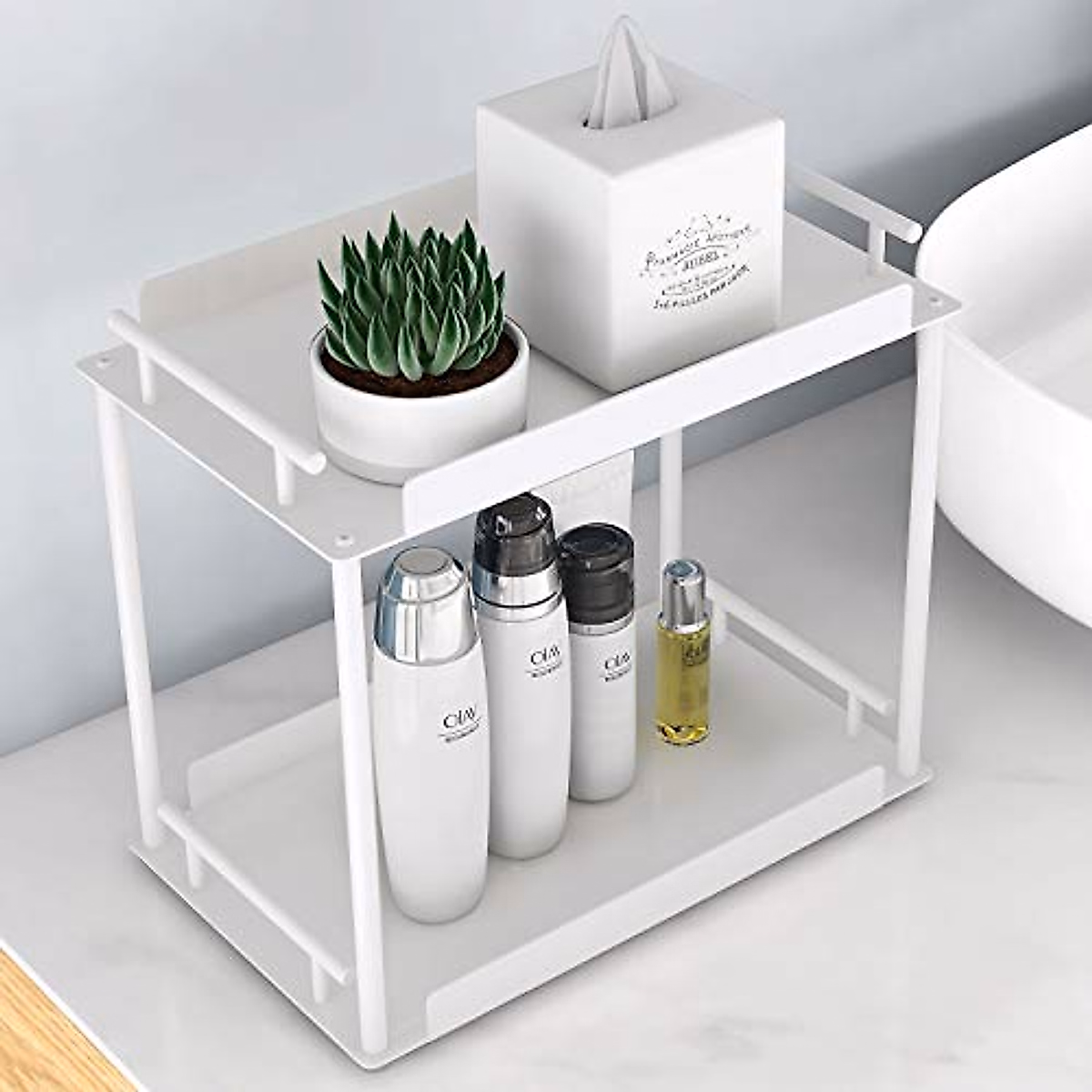 FLE Bathroom Organizer Countertop,2 Tier Bathroom Counter Organizer Kitchen Spice Rack Cosmetic Organizer,Countertop Storage Shelf for Bathroom, Kitchen, Living Room, Bedroom, Dressing Table,White