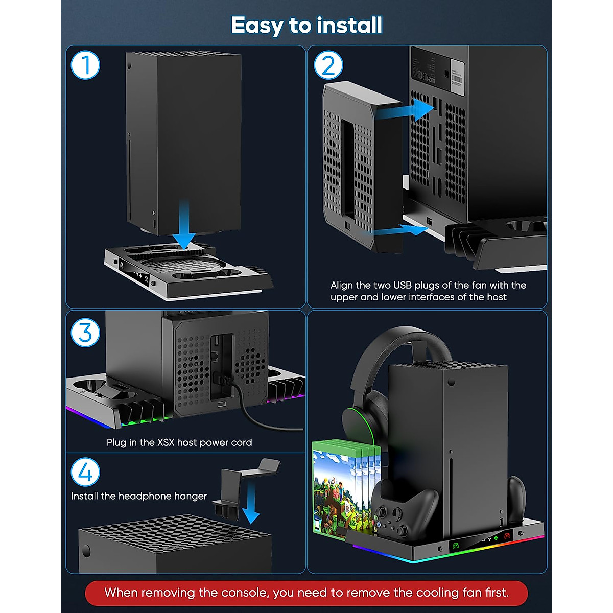 Upgrade Cooling Fan & Dual Charging Stand for Xbox Series X Console & Controller,Cooler Charger Station System for Series X with 15 RGB Lights,2 x 1400mAh Rechargeable Battery,Disc Accessories Storage
