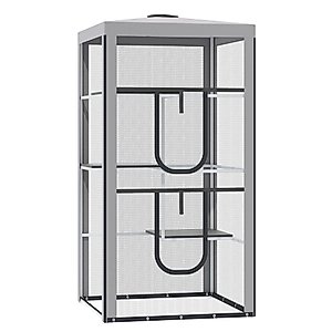 PawHut 79" H Cat House Kitten Enclosure Mesh Playpen Steel Frame with 3 Platforms, 2 Doors and 4 Sandbags for Stability, Indoor/Outdoor
