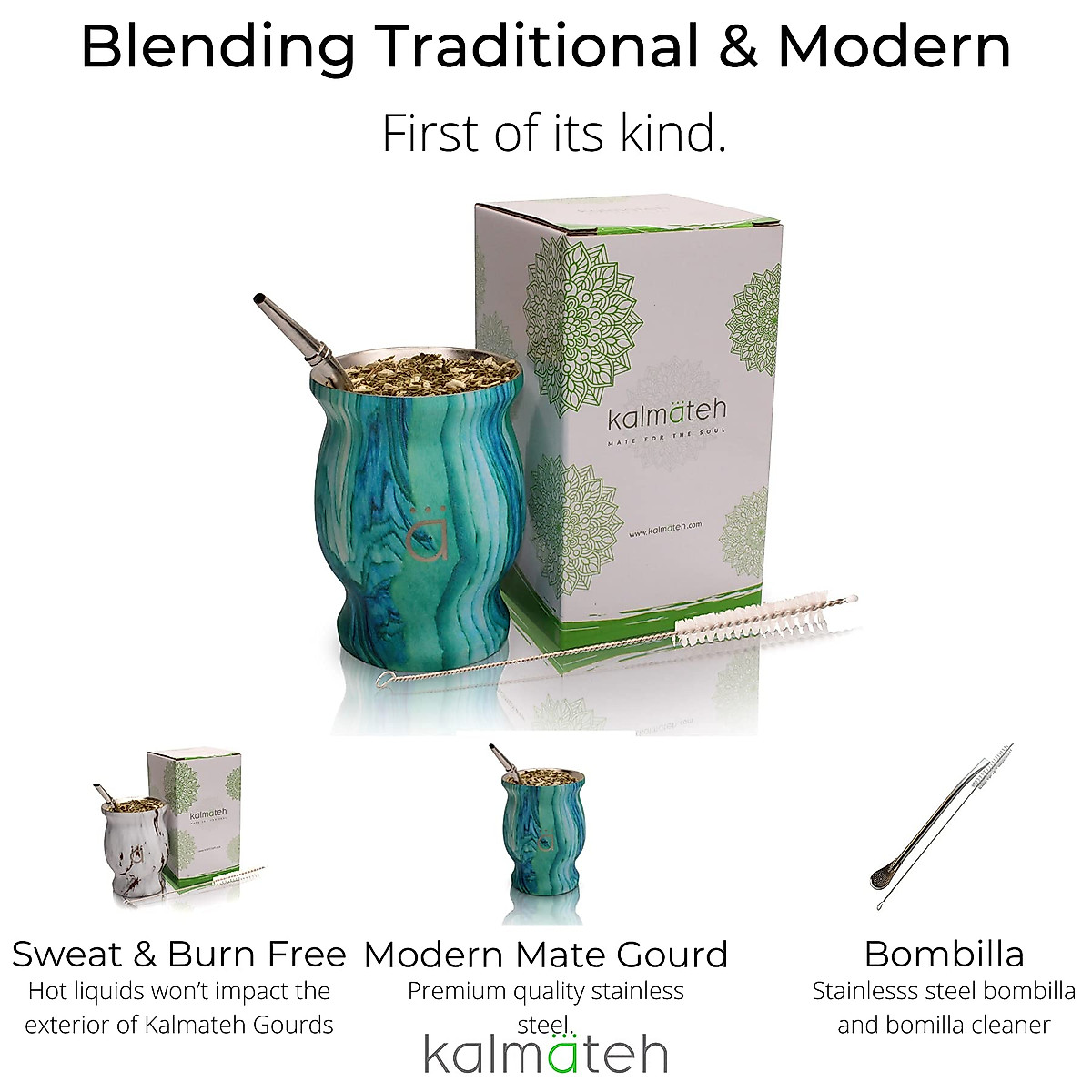 Kalmateh Yerba Mate Gourd Set - Traditional Modern Mate Cup Includes Bombilla Filter Straw and Cleaning Brush- Double Walled Stainless Steel (Wood, 8.6 oz)
