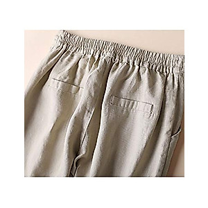 Tanming Women's Casual Linen Elastic Waist Tapered Pants Trousers with Drawstring (Khaki, Large)