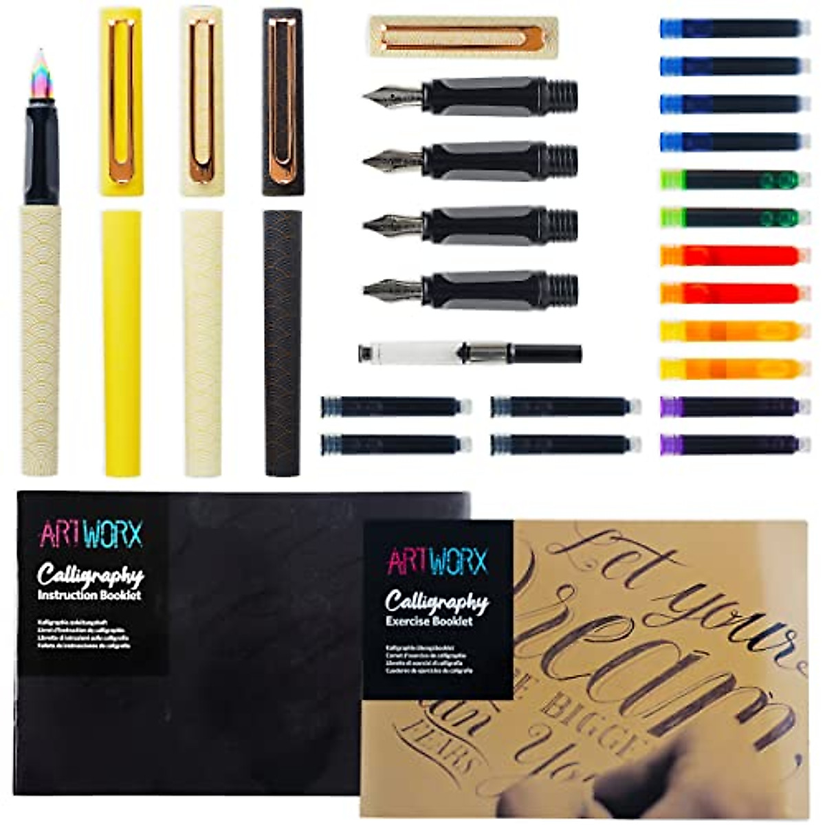 Artworx Calligraphy Pens Set - Introductory Caligraphy Writing & Hand Lettering Kit - Includes Instructions, Guide Book and Practice Book - Calligraphy Set For Beginners