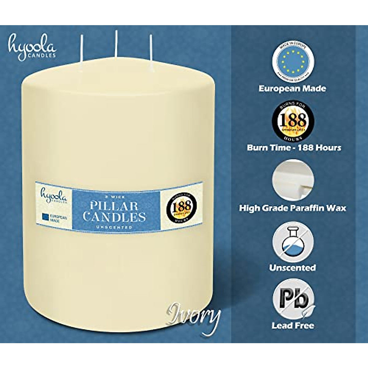 HYOOLA Ivory Three Wick Large Candle - 6 x 8 Inch - Unscented Big Pillar Candles - 188 Hour - European Made
