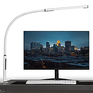 AmazLit Eye-Caring Desk Lamp, Gooseneck Lamp with Clamp, Swing Arm Desk Light, Adjustable Brightness & Color Temperatures, Memory & Timer Function, Clip on Desk Lamp for Home Office, 12W, White