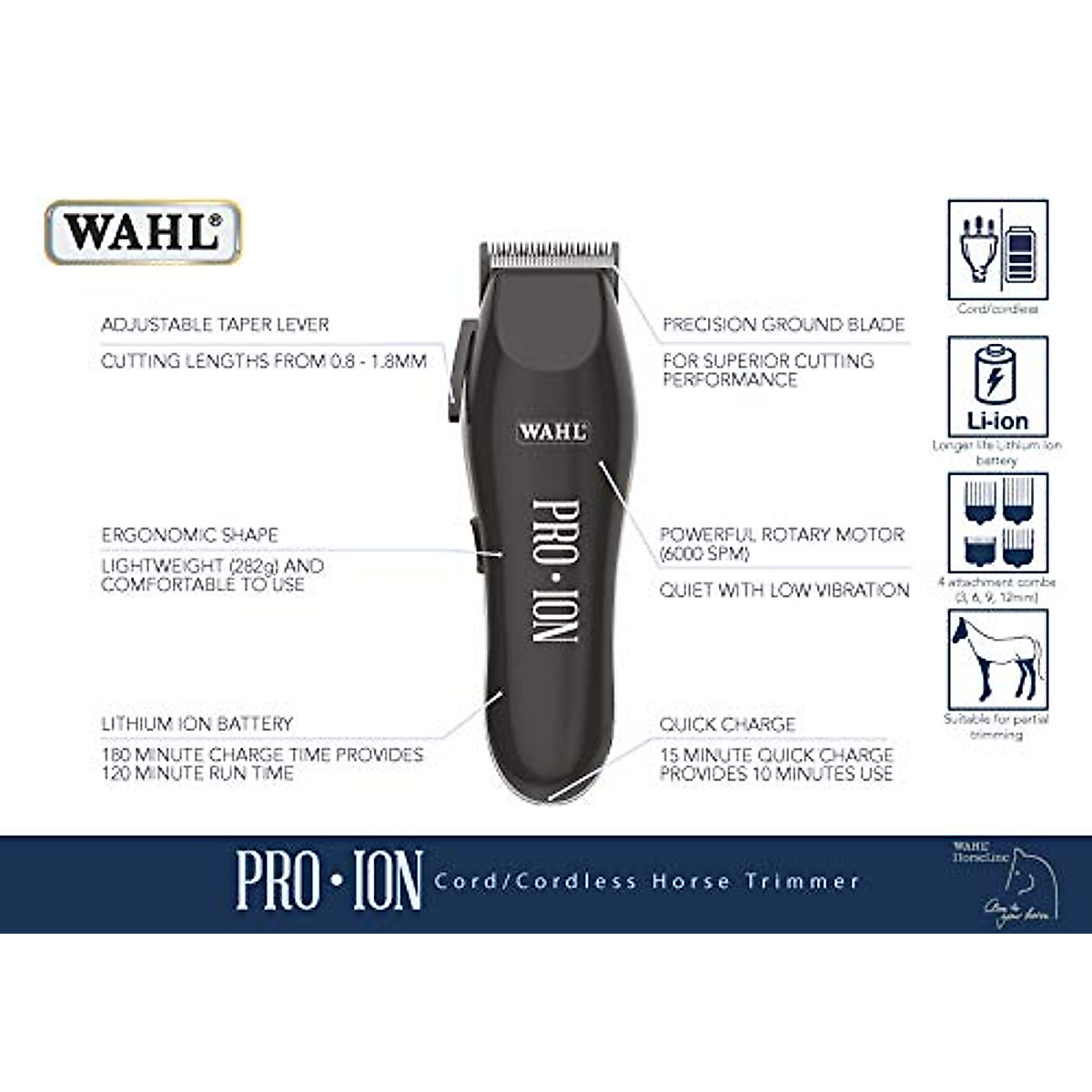 WAHL Pro Ion Cord/Cordless Horse Trimmer, Rechargeable Equine Trimmers, Maintaining Horse’s Face, Ears, Bridlepath and Legs, Low Noise Cordless Pet Clippers, Ergonomic and Light, Grooming Kit