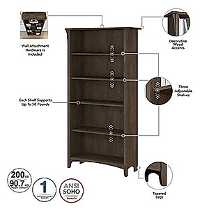 Bush Furniture Salinas L Shaped File 5-Shelf Bookcase | 3 Piece Living Room Furniture Set | Storage Cabinet, Bookshelf & Office Desk, 60W, Ash Brown