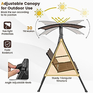 Tangkula 2 Person Porch Swing, Patio Swing with Adjustable Canopy, Padded Seat, Curved handrails & Heavy-Duty Metal Frame, Outdoor Swing for Yard, Garden, Poolside (Brown)