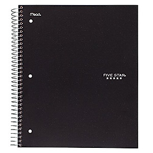 Five Star Spiral Notebook, 1 Subject, College Ruled Paper, 100 Sheets, 11" x 8-1/2", School, Wired, Black (72057)